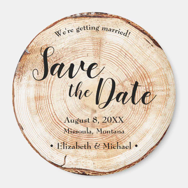 Wood Bark Disc Rustic Wedding Save the Date Magnet | Zazzle