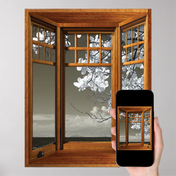Wood Bay Window Illusion White Blossoms Poster | Zazzle