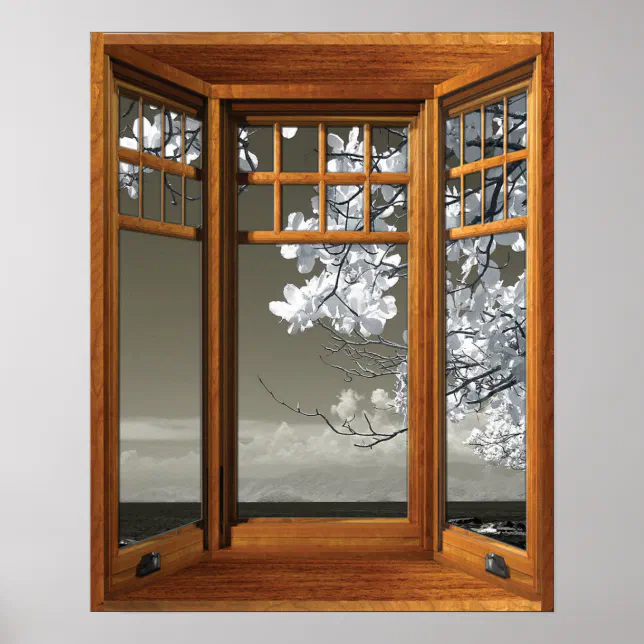 Wood Bay Window Illusion White Blossoms Poster | Zazzle