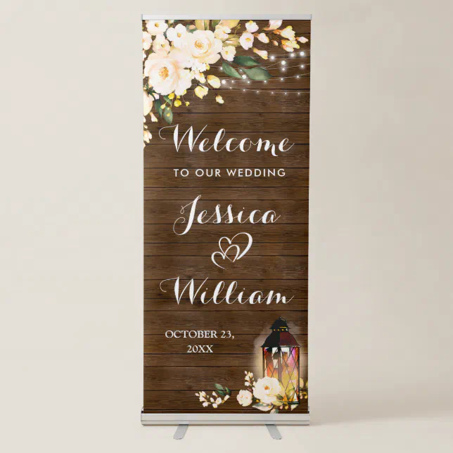 Wood Blush Roses Floral Greenery Wedding Welcome Retractable Banner ...