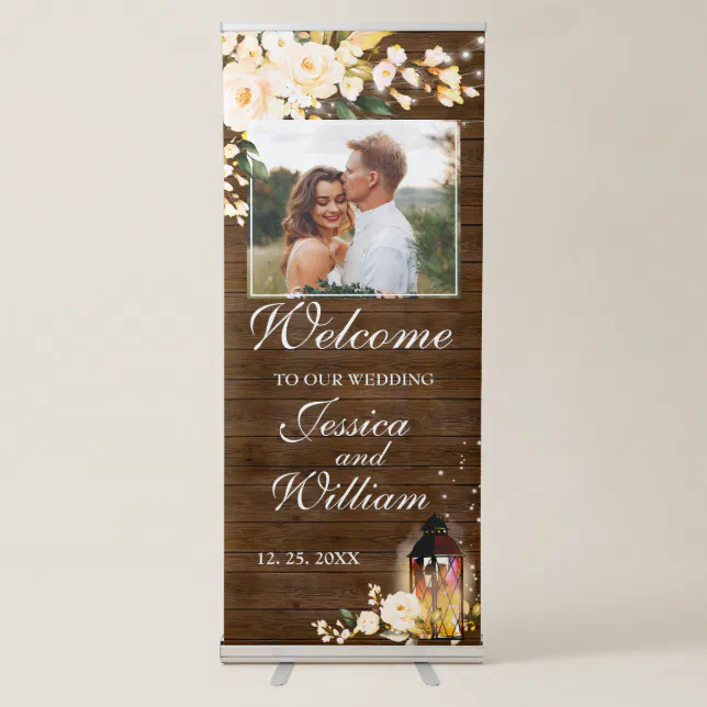 Wood & Blush Roses Floral PHOTO Wedding Welcome Retractable Banner | Zazzle