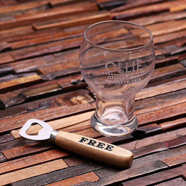 Wood Bottle Opener Set and 16 oz. Round Beer Glass | Zazzle
