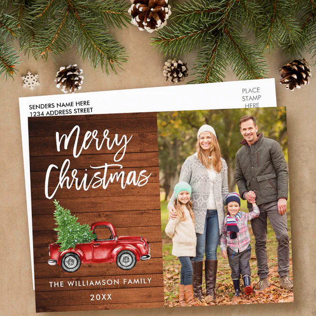 Wood Brush Script Vintage Truck Photo Christmas Postcard | Zazzle