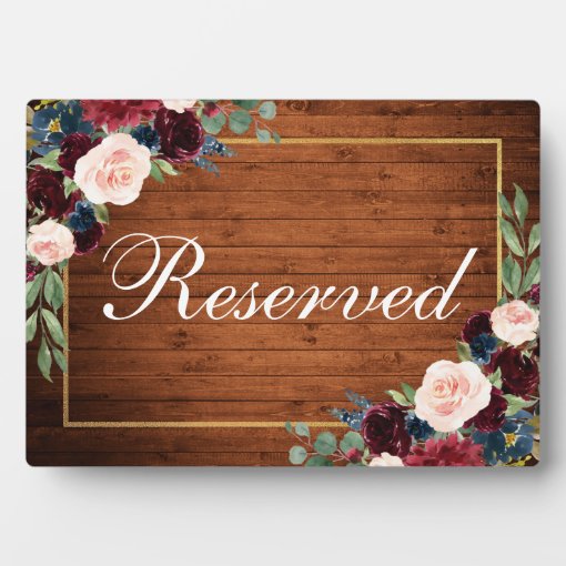 Wood Burgundy Blue Wedding Reserved 5x7 Table Plaque | Zazzle