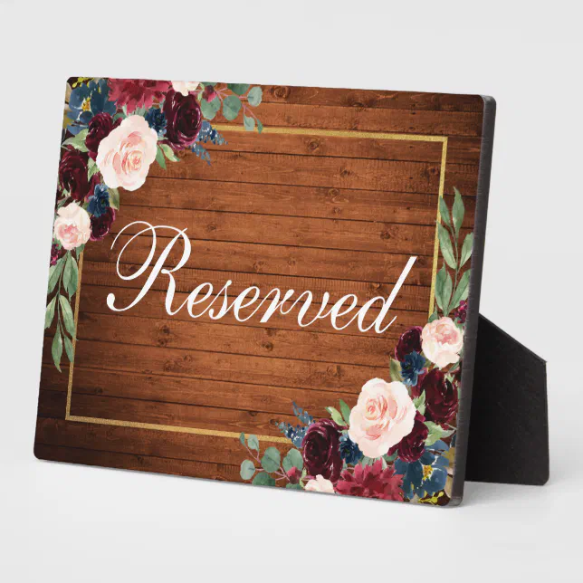 Wood Burgundy Blue Wedding Reserved 5x7 Table Plaque | Zazzle