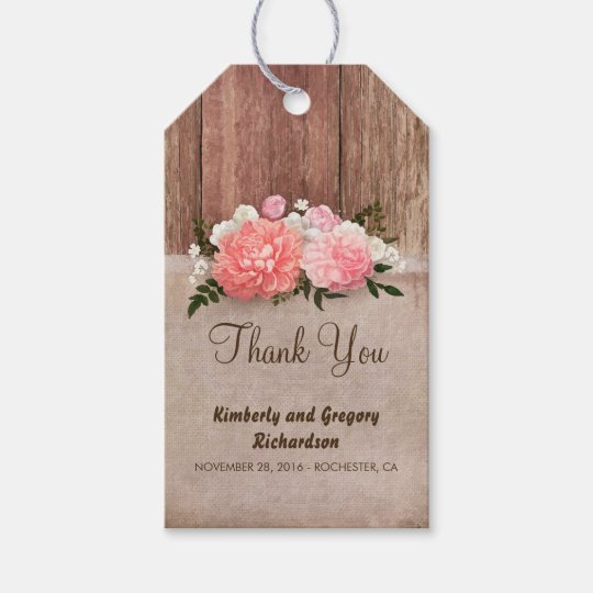 Wood Burlap Pink Flowers Rustic Country Wedding Gift Tags | Zazzle.com