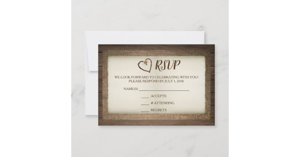 Wood, Burlap & Twine Heart Wedding RSVP Card | Zazzle