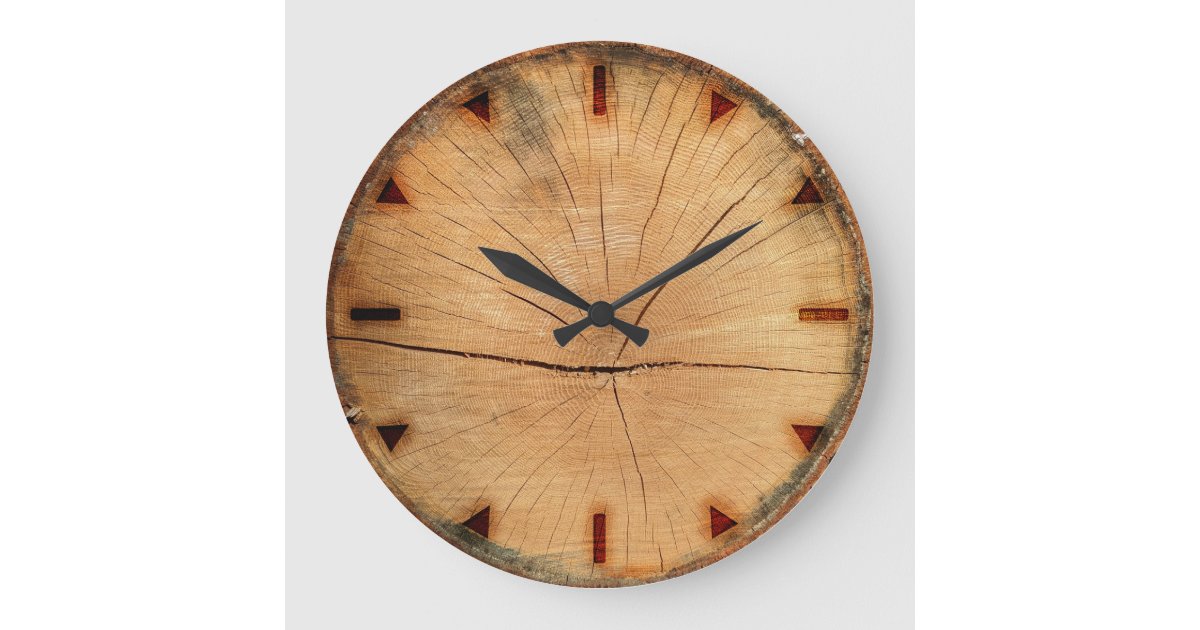 Wood burned sawn log large clock | Zazzle