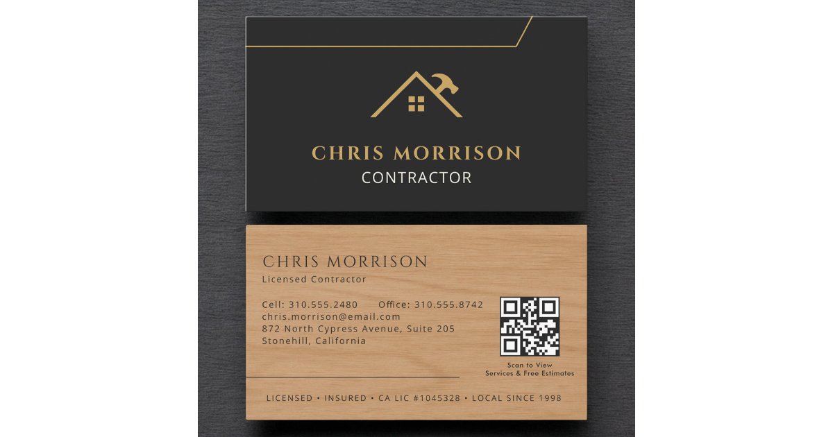 Wood Contractor Construction QR Code Black Gold Business Card | Zazzle