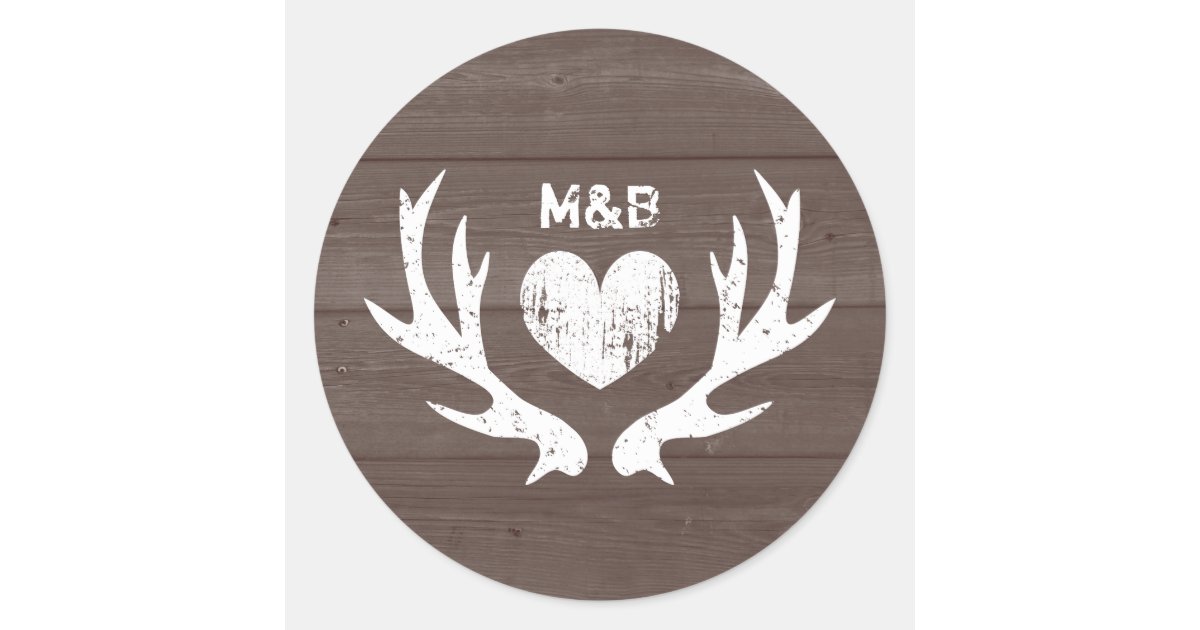 Wood country chic deer antler wedding stickers | Zazzle
