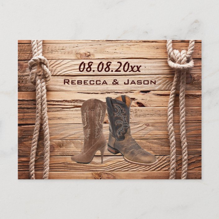 wood Cowboy Boots Western country save the date Announcement Postcard ...
