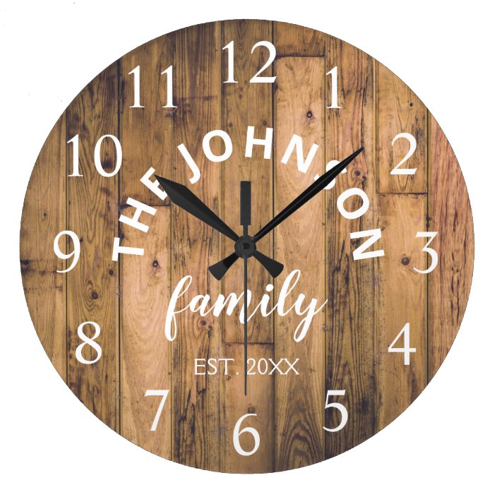 Wood Custom Family Name Rustic Farmhouse Large Clock | Zazzle.com