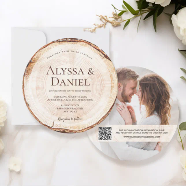 Wood Cut QR Code Custom Photo Rustic Wedding Invitation | Zazzle