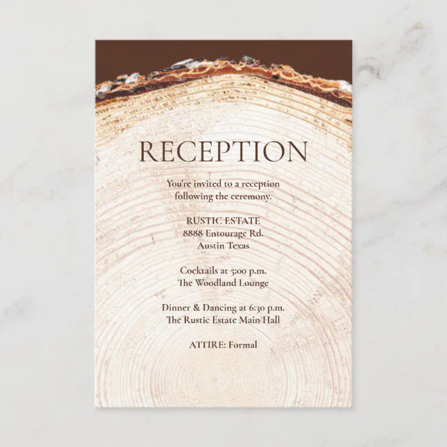 Wood Design Tree rings Rustic Wedding Reception Enclosure Card | Zazzle