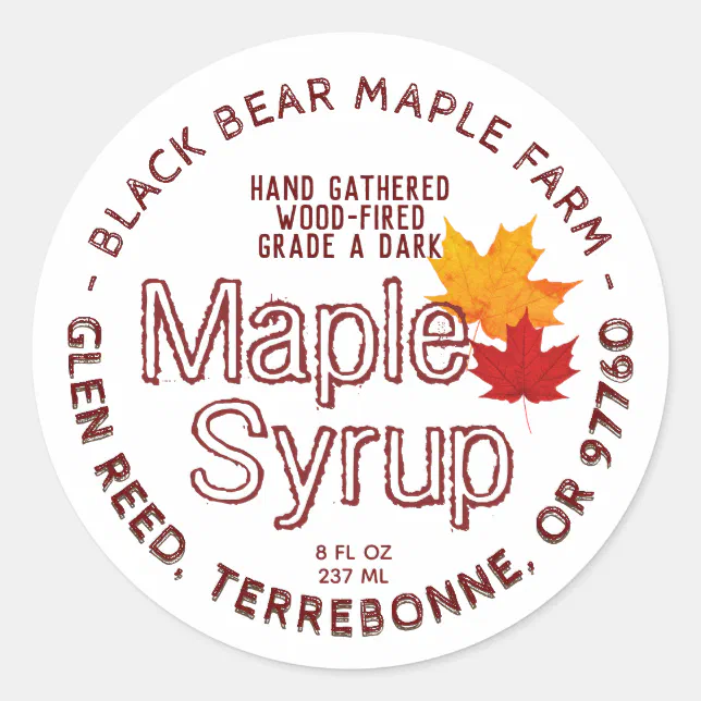 Wood Fired Maple Syrup Label with Maple Leaves | Zazzle