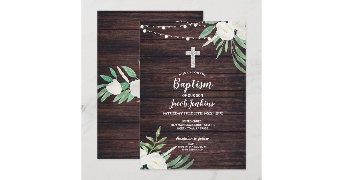 Wood Floral Baptism Green Christening Flower White Invitation | Zazzle