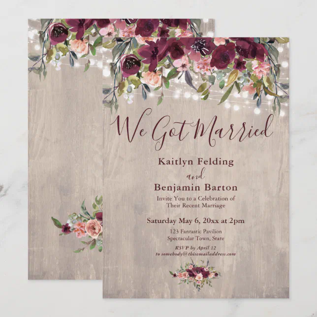 Wood Floral Lights We Got Married Reception Only Invitation | Zazzle