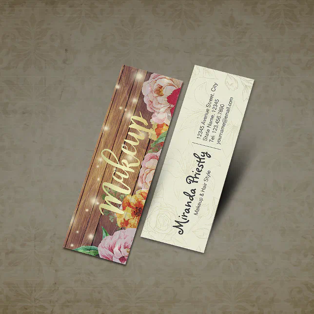 Wood Floral String Lights Gold Script Makeup Salon Mini Business Card ...