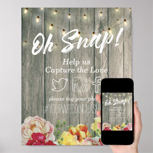 Wood Floral String Lights Oh Snap Hashtag Wedding Poster | Zazzle