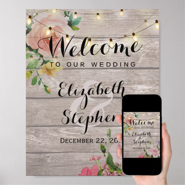 Wood Floral String Lights Wedding Reception Sign | Zazzle