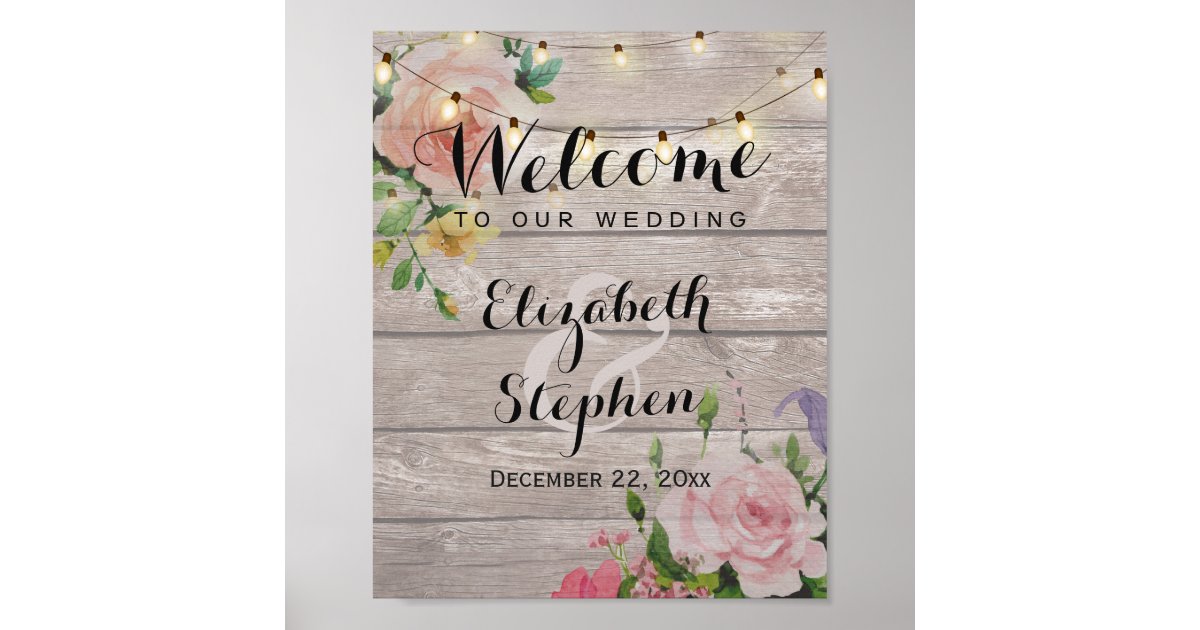 Wood Floral String Lights Wedding Reception Sign | Zazzle