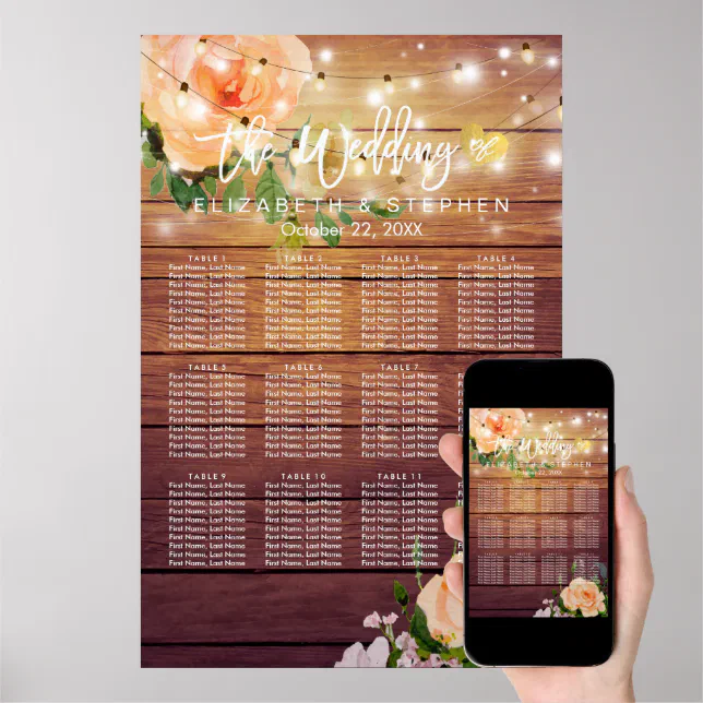 Wood Floral String Lights Wedding Seating Chart | Zazzle