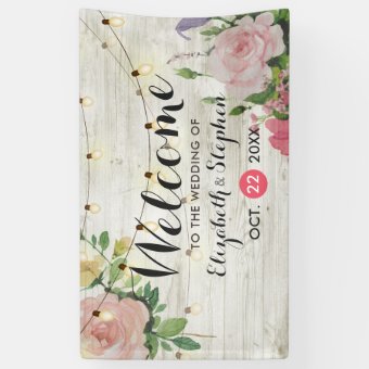 Wood Floral String Lights Wedding Welcome Banner | Zazzle
