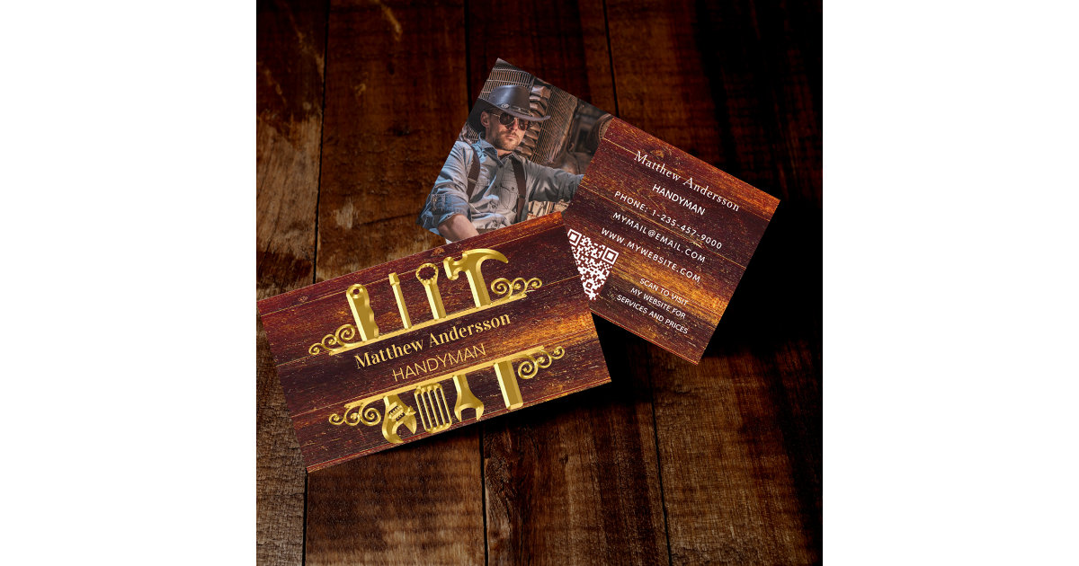 Wood gold tools home repairs photo QR code Business Card | Zazzle