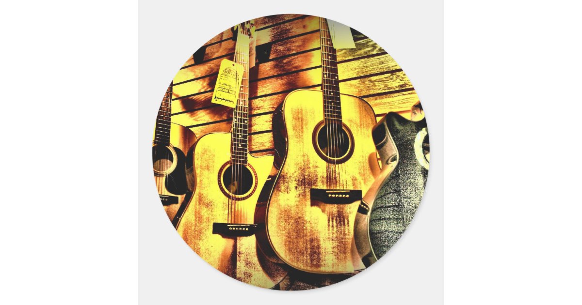 Wood Grain Acoustic Guitars Classic Round Sticker | Zazzle