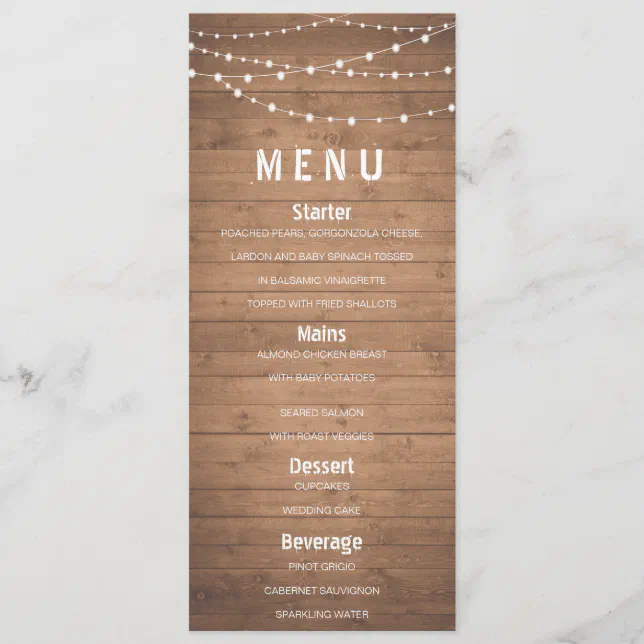 Wood grain and string lights rustic menu | Zazzle
