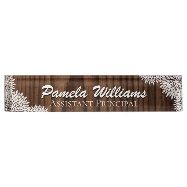 Wood Grain and White Flowers Custom Desk Nameplate | Zazzle