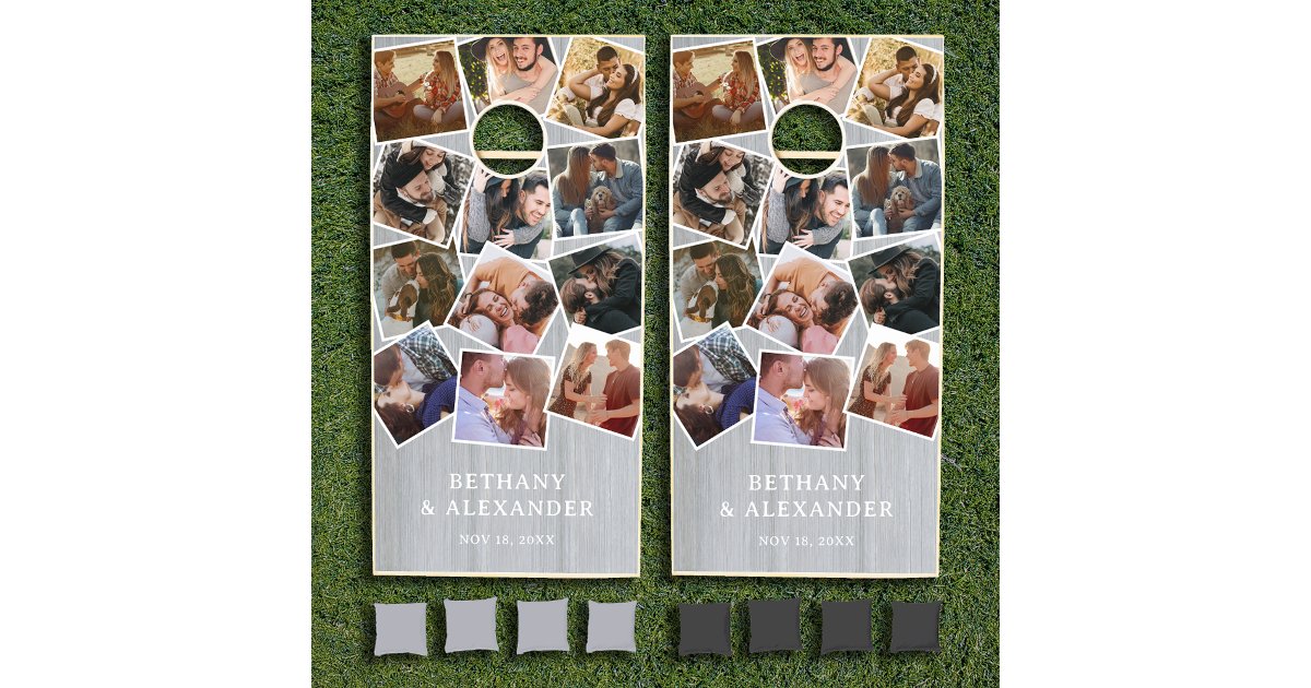 Wood Grain Photo Collage Wedding Cornhole Set | Zazzle