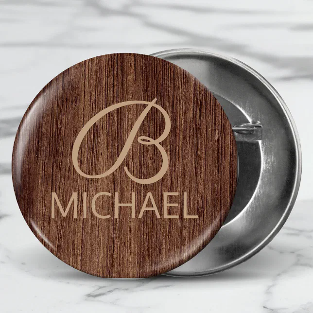 Wood Grain Timber With Monogram Personalized Name Button | Zazzle
