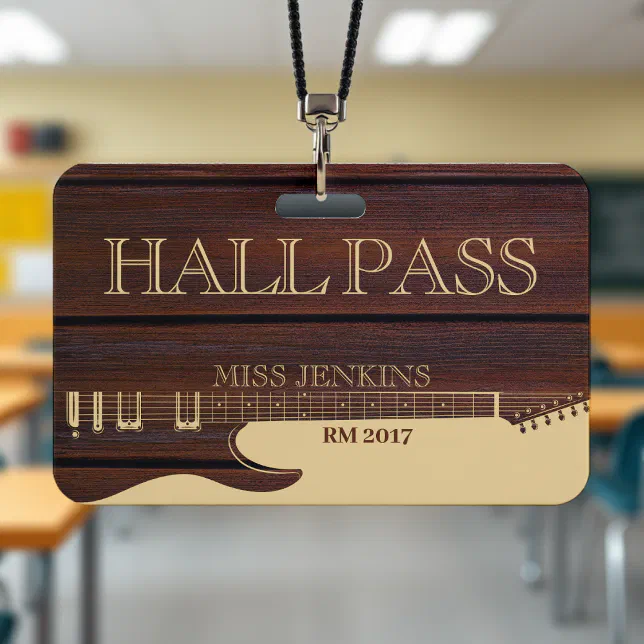 Wood Guitar Music School Teacher Student Hall Pass Badge | Zazzle