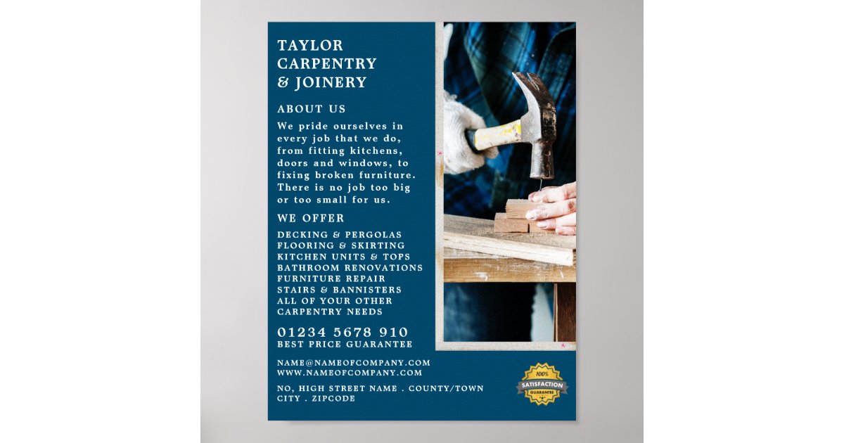 Wood & Hammer, Carpentry, Carpenter Advertising Poster | Zazzle
