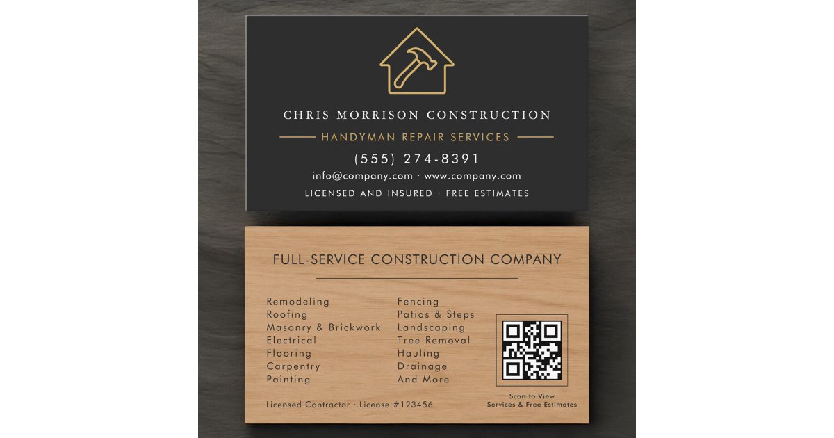 Wood Handyman Construction Black Gold QR Code Business Card | Zazzle