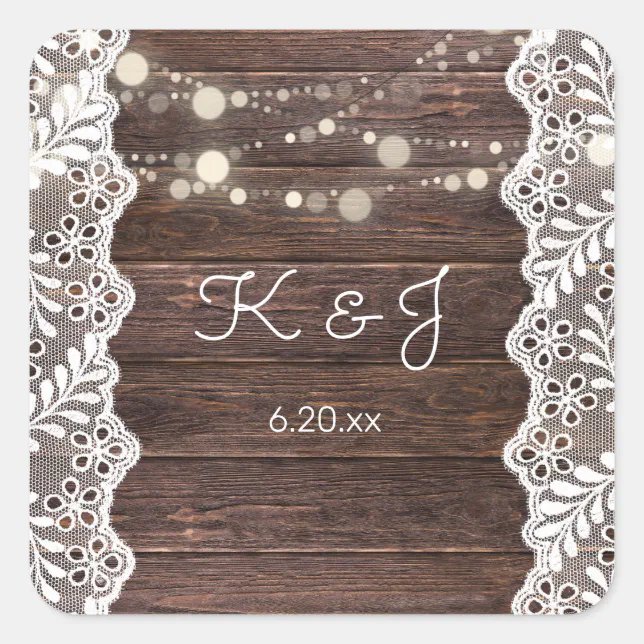 Wood Jean Lace & String Lights Monogram Square Sticker | Zazzle