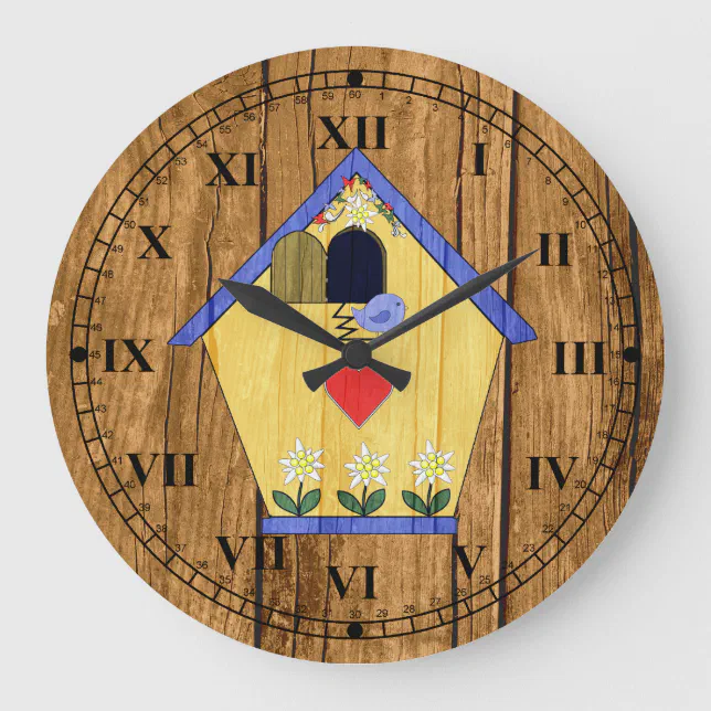 Wood Look Colorful Coo Coo Bird House Large Clock | Zazzle