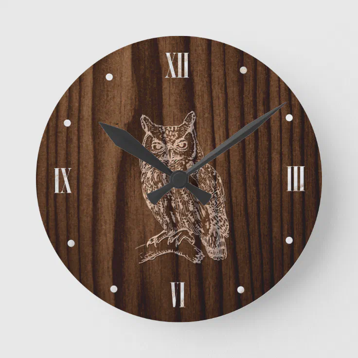 Wood Look with Owl Wall Clock | Zazzle