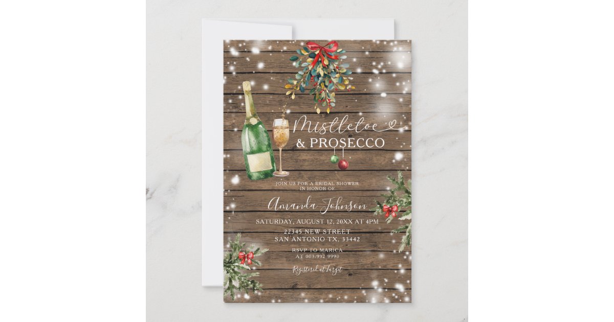 Wood Mistletoe Prosecco Christmas Bridal Shower Invitation | Zazzle