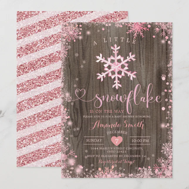 Wood Pink A Little Snowflake Winter Baby Shower Invitation | Zazzle