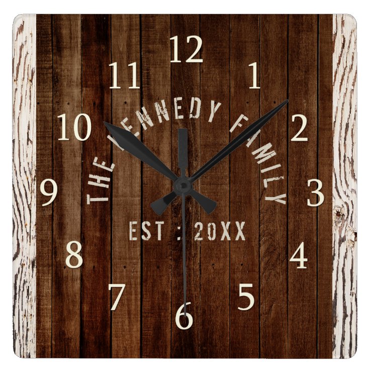 Wood Plank Family Name Farmhouse Square Wall Clock | Zazzle