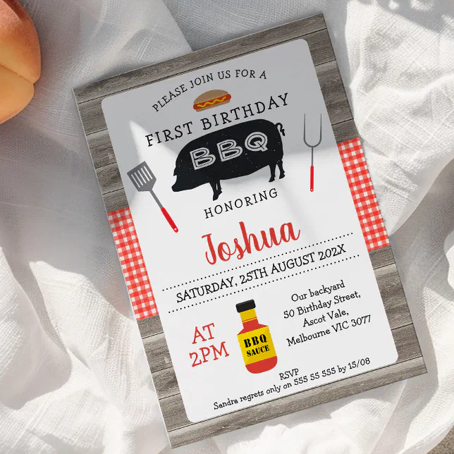 Wood Red Plaid Pig BBQ 1st Birthday Invitation | Zazzle