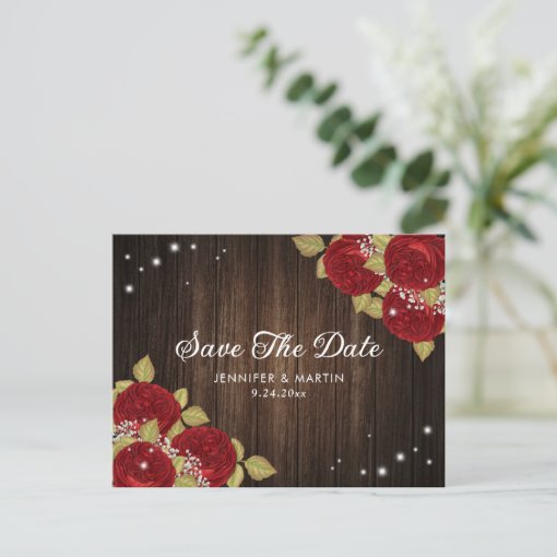 Wood Red Rose Wedding Save The Date Postcards | Zazzle