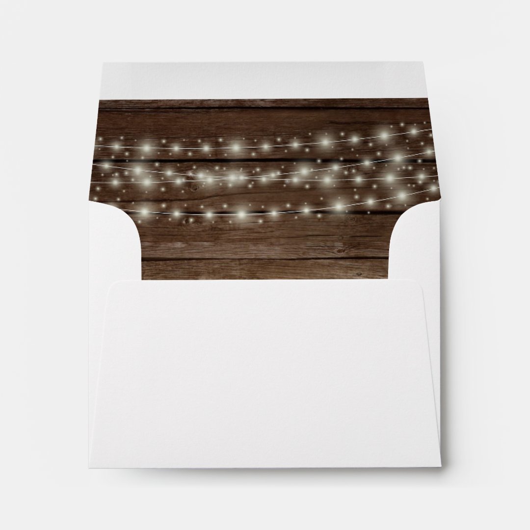 Wood Rustic Barn Lights Wedding RSVP Return Envelope | Zazzle