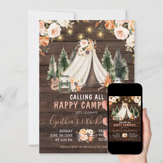 Wood Rustic Girl Camping Birthday Invitation | Zazzle