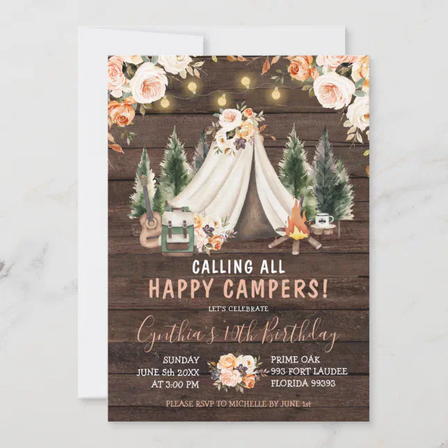 Wood Rustic Girl Camping Birthday Invitation | Zazzle