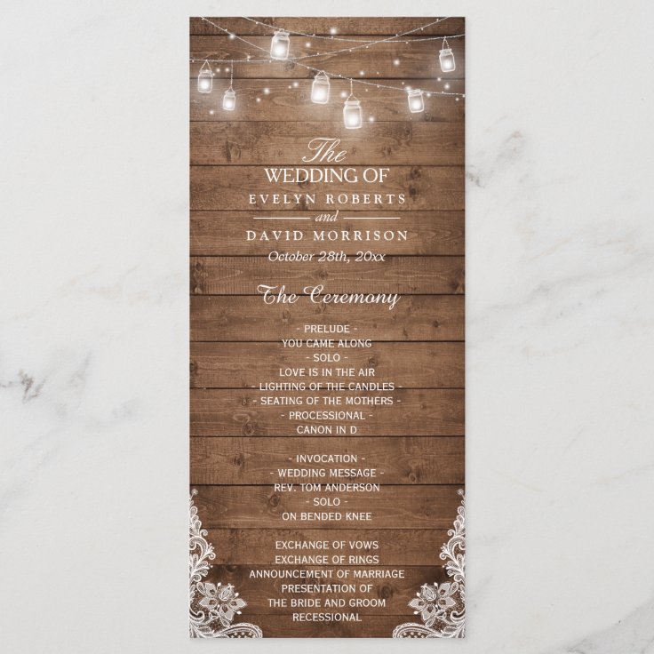 Wood Rustic String Lights Lace Wedding Program | Zazzle