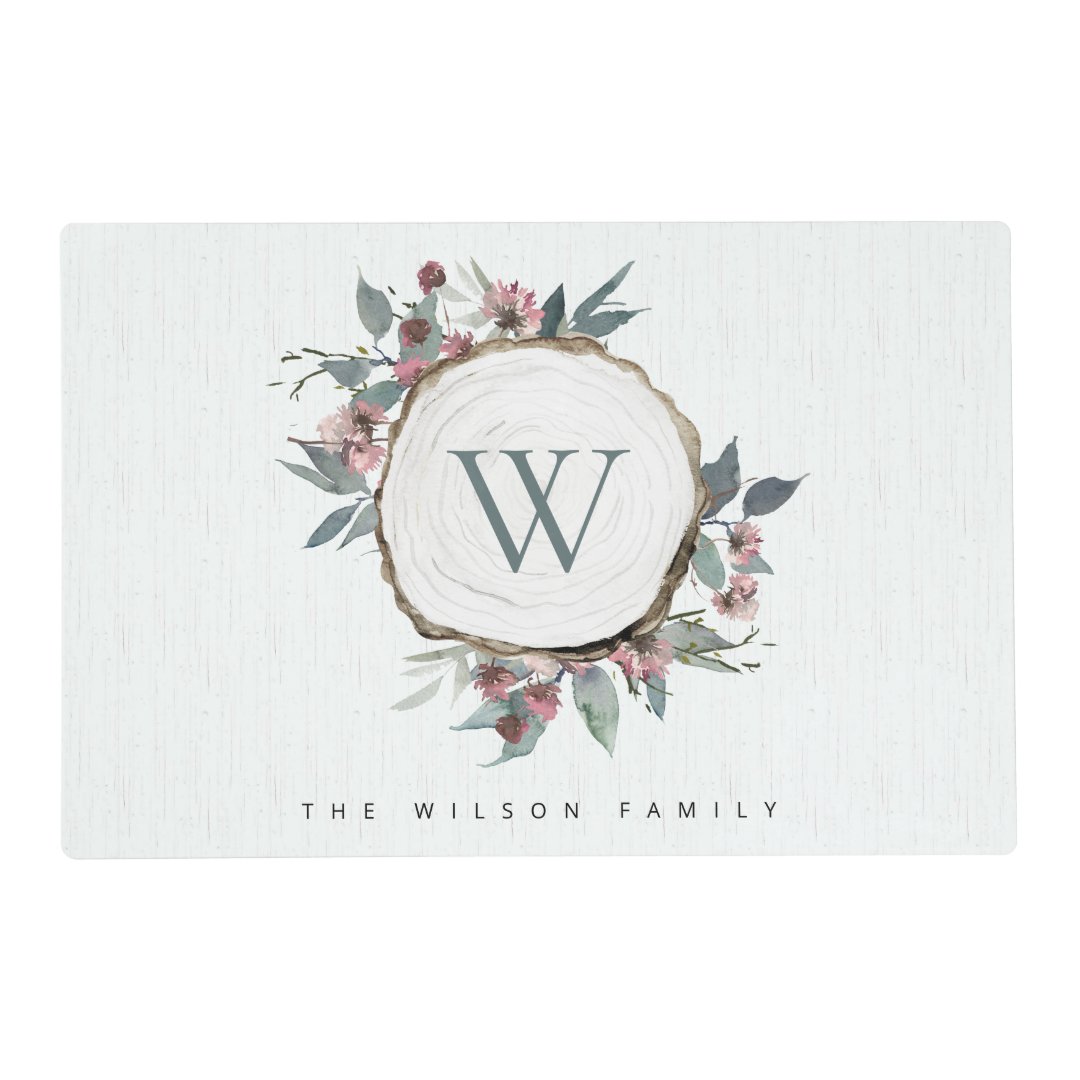 WOOD SLICE PINK BOTANICAL MONOGRAM FAMILY NAME PLACEMAT | Zazzle