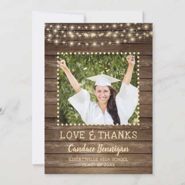 Wood String Lights Graduation Photo Thank You Announcement | Zazzle